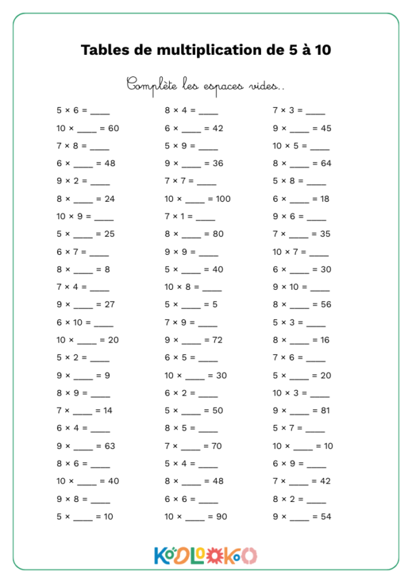 Tables de multiplication à imprimer