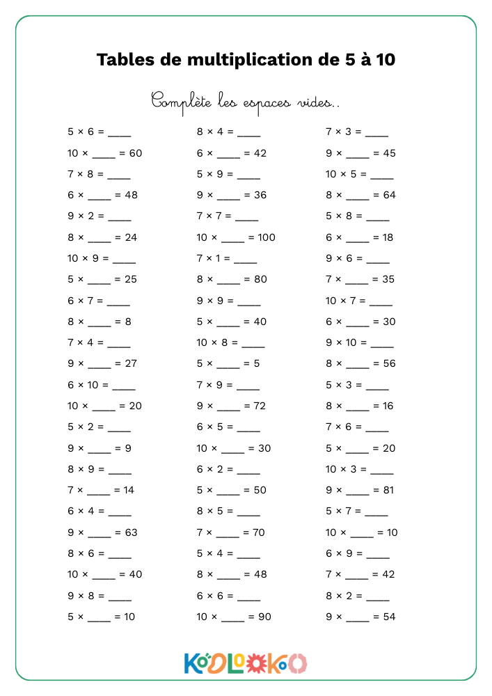 Tables de multiplication à imprimer