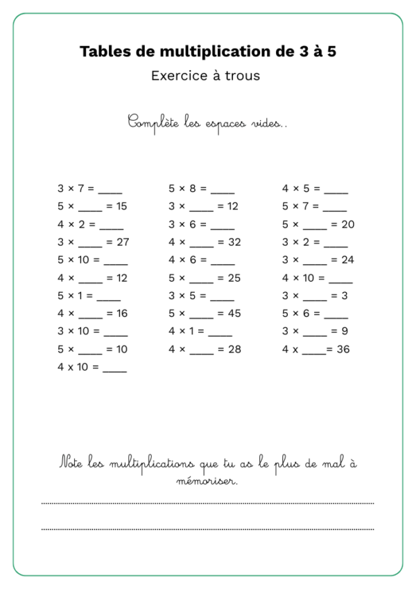 Tables de multiplication à imprimer